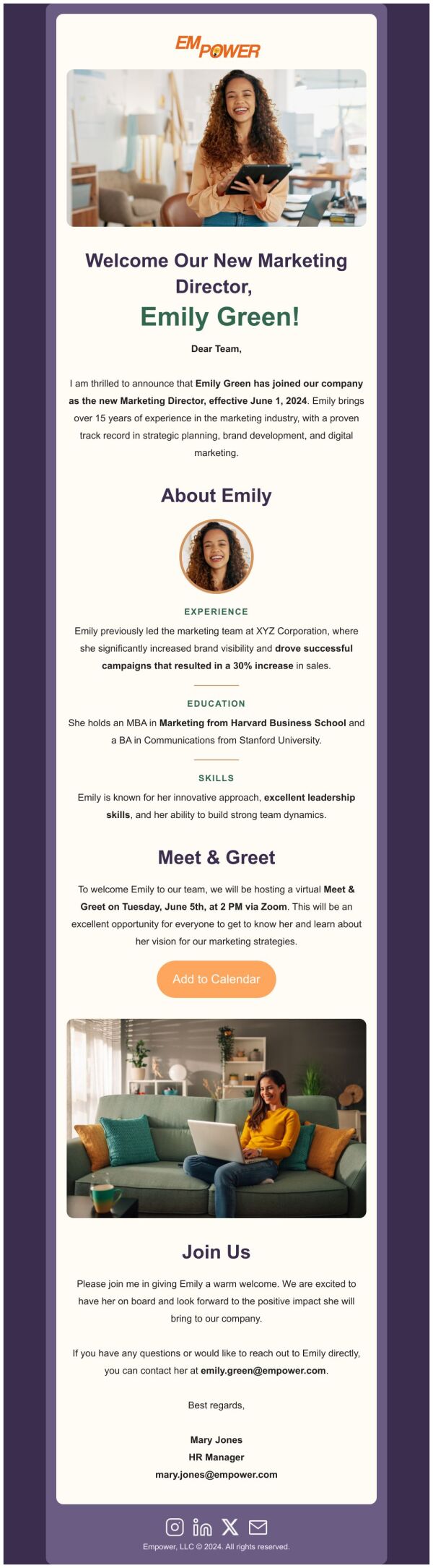 Announcement Email Template 'New Hire' for Corporate | PosterMyWall