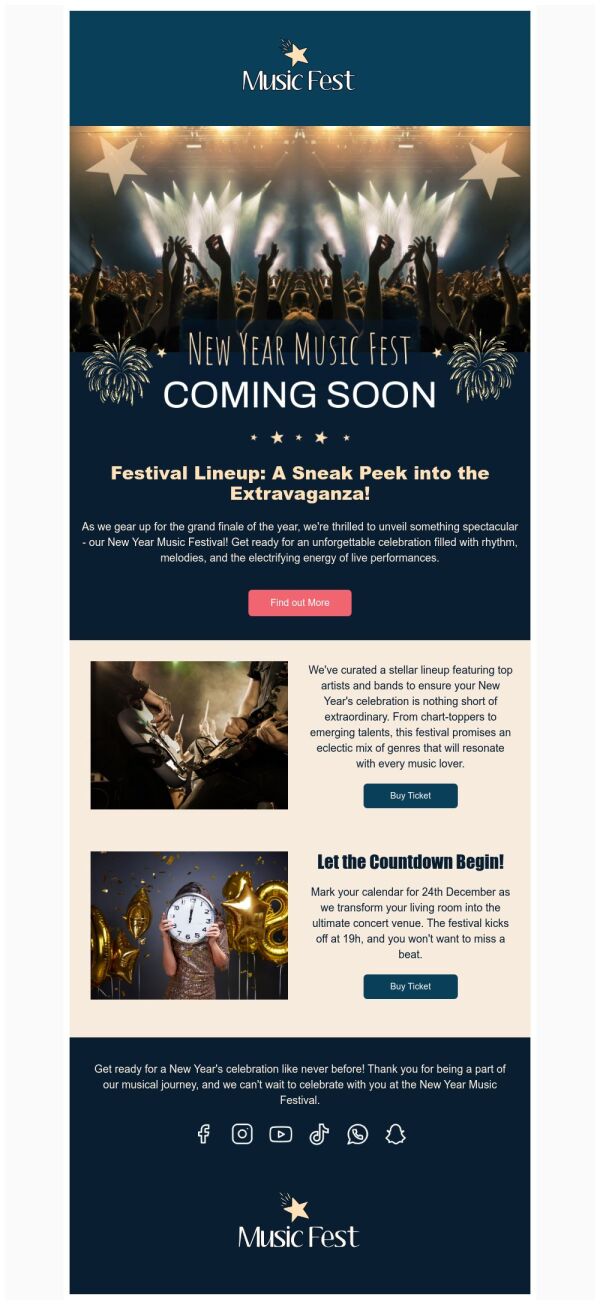 Coming soon Email Template 'Music Fest' for New Year | PosterMyWall