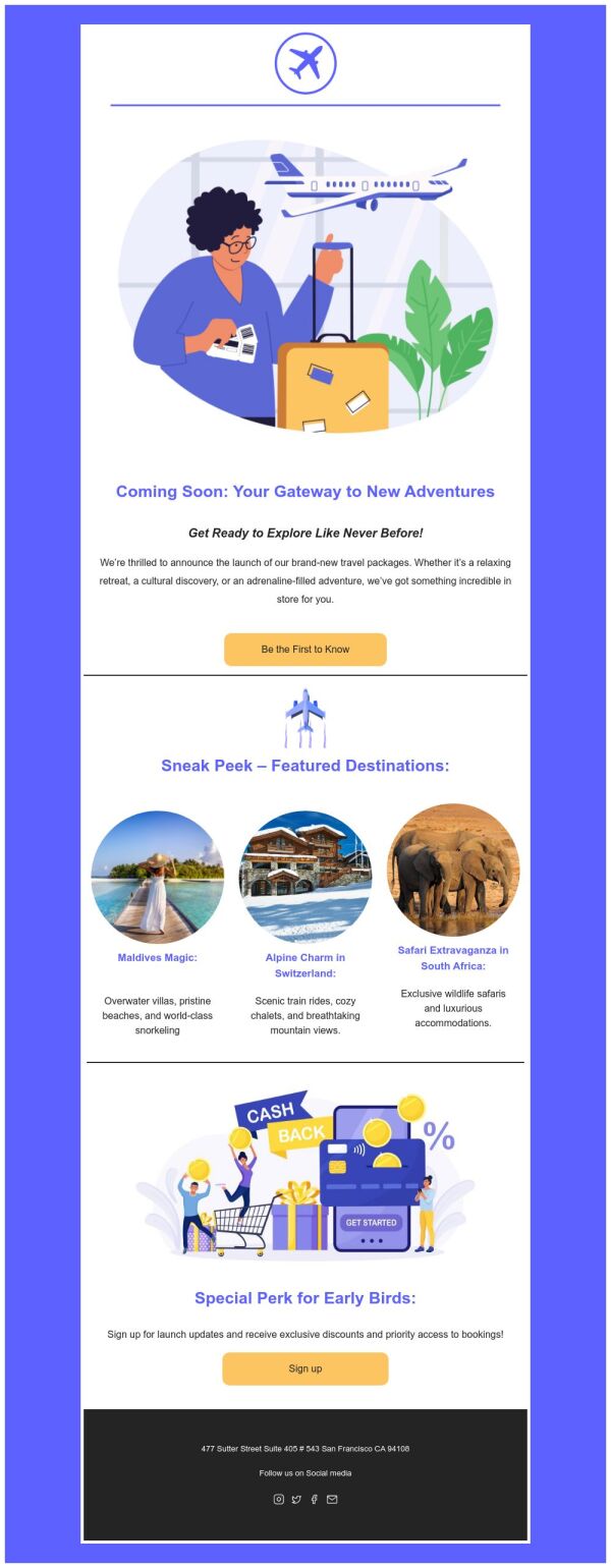 Coming soon Email Template 'New Adventures' for Travel | PosterMyWall