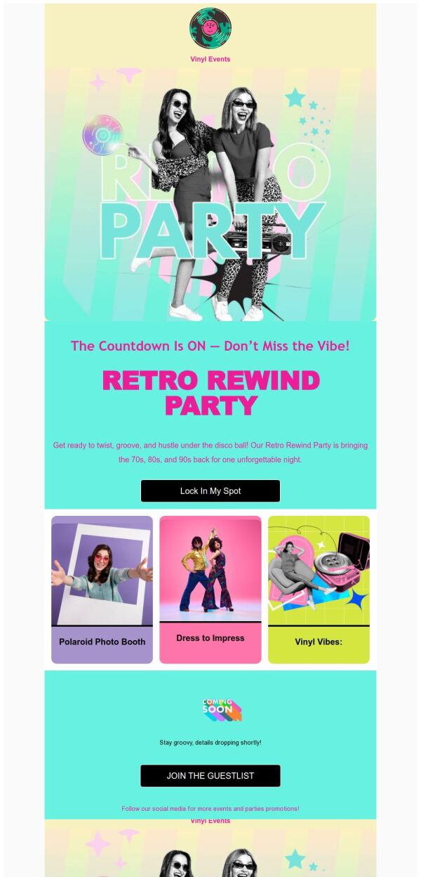 Coming soon Email Template 'Rewind Retro' for Party | PosterMyWall