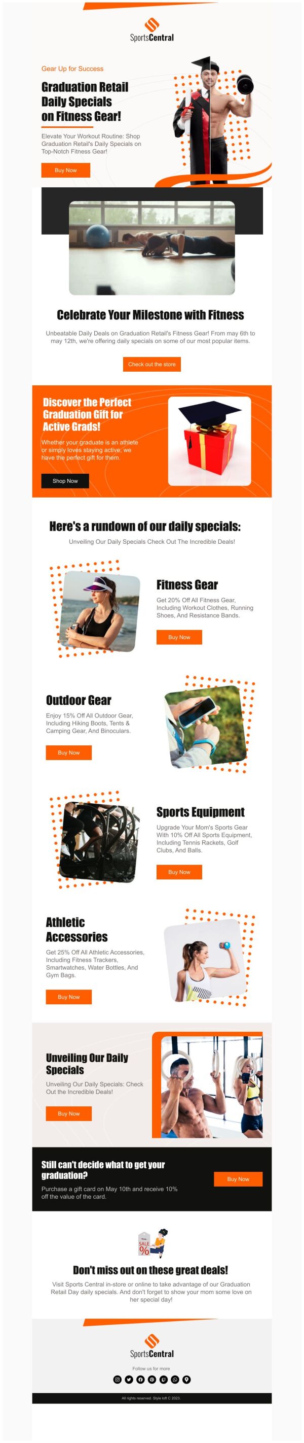 Daily Specials Email Template 'Fitness Gear' for Graduation | PosterMyWall
