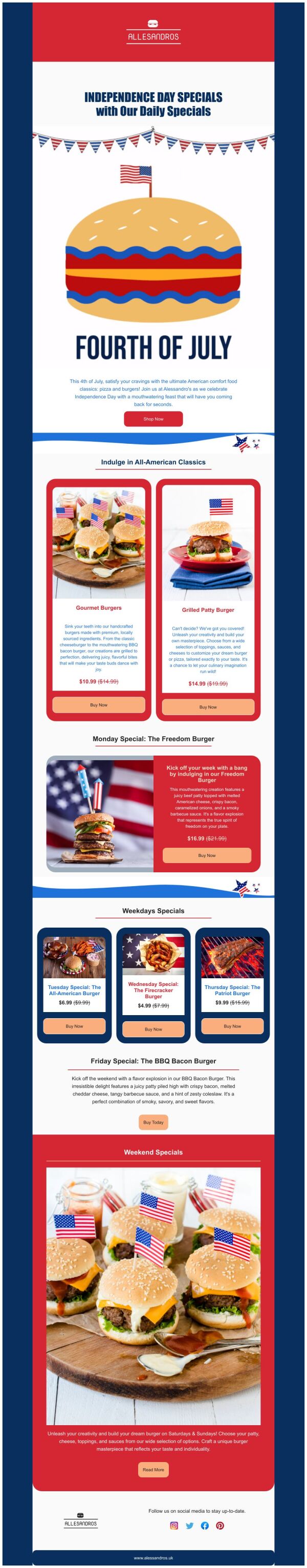 Daily Specials Email Template 'Pizza and Burgers' for 4th of July ...