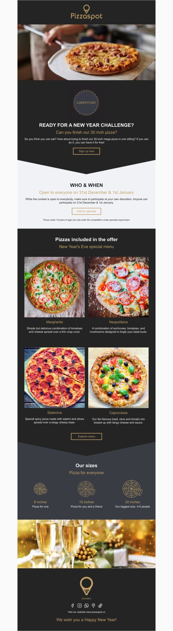 Event Promotion Email Template '30 inch Pizza Challenge' for New Year ...
