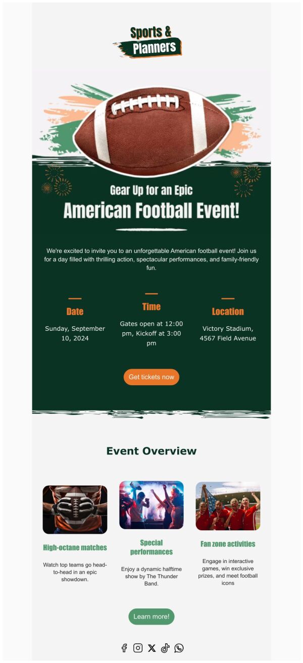 Event Promotion Email Template 'American Football' for Sports ...