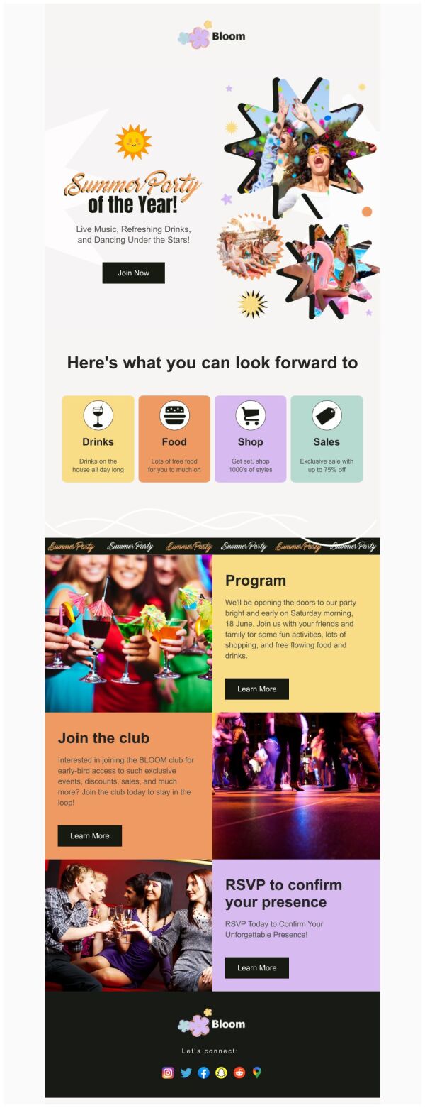 Event Promotion Email Template 'Bloom Party' for Summer | PosterMyWall