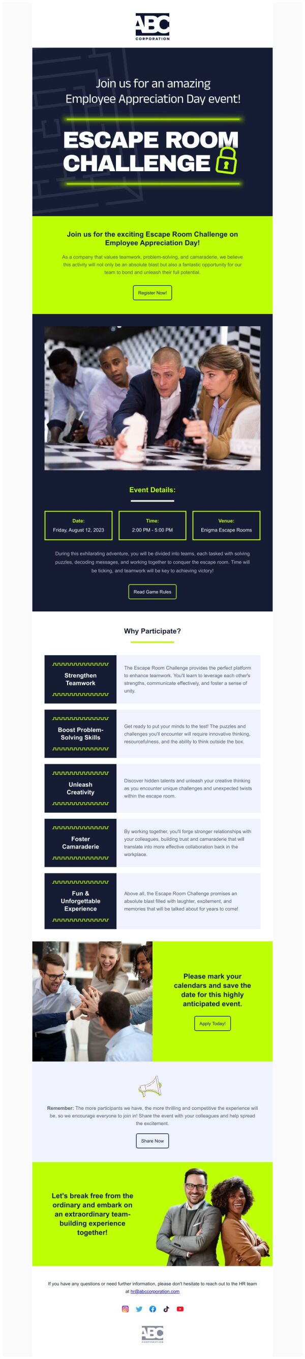 Event Promotion Email Template 'Employee Appreciation Games' for ...