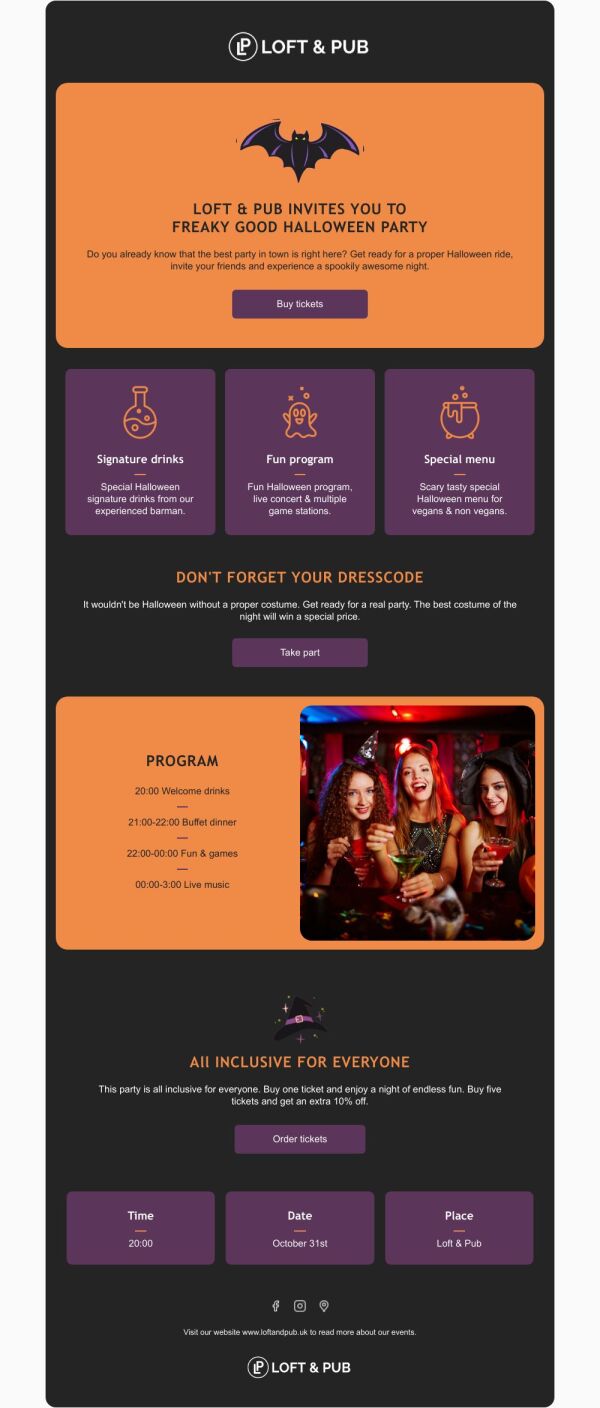 Event Promotion Email Template 'Loft and Pub Invites' for Halloween ...