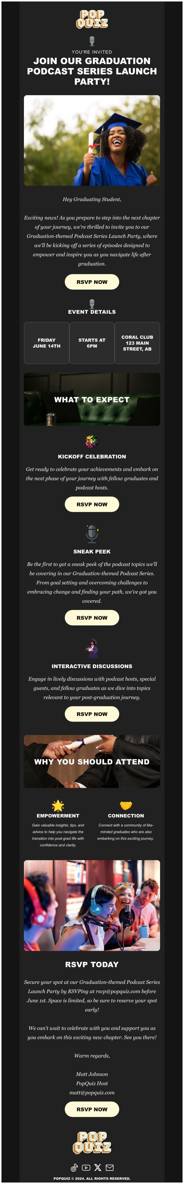 Event Promotion Email Template 'Podcast Party' for Graduation ...
