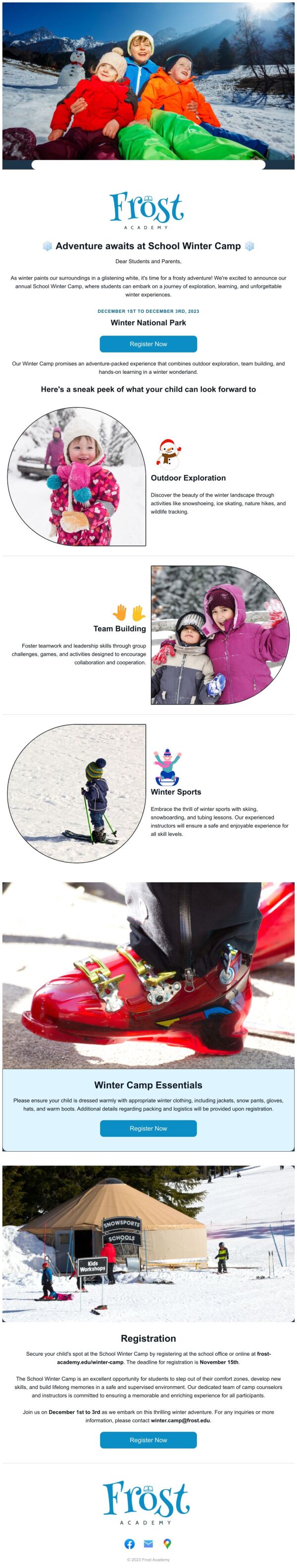 Event Promotion Email Template 'School Camping' for Winter | PosterMyWall