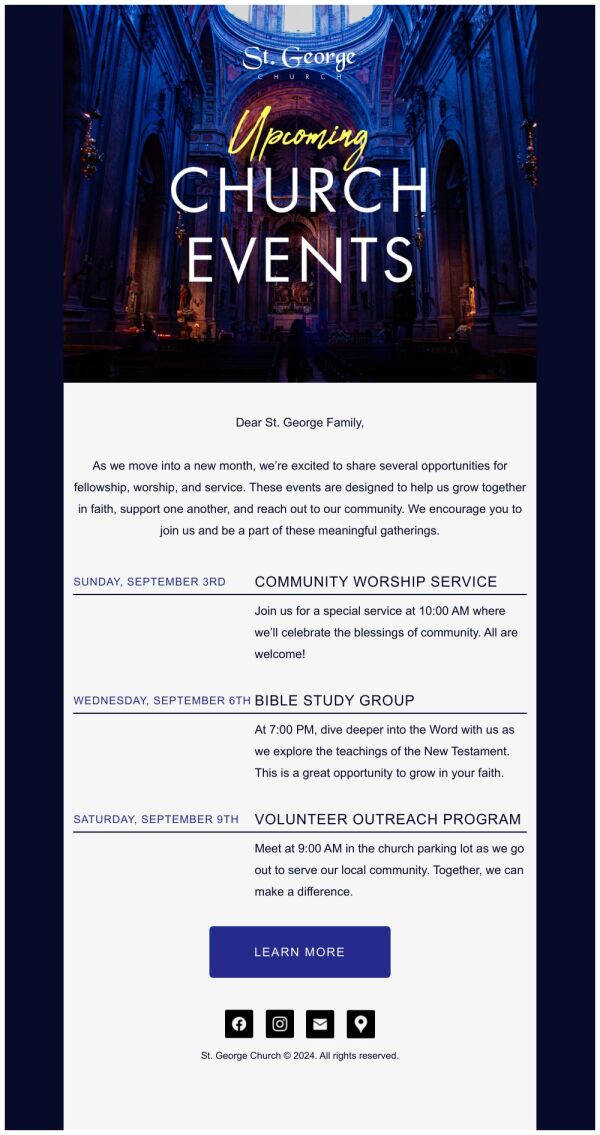 Event Schedule Email Template 'Community Worship Service' for Church ...