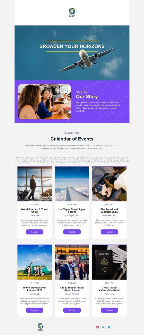 Event Schedule Email Template 'Expand Your World' for Travel Industry ...