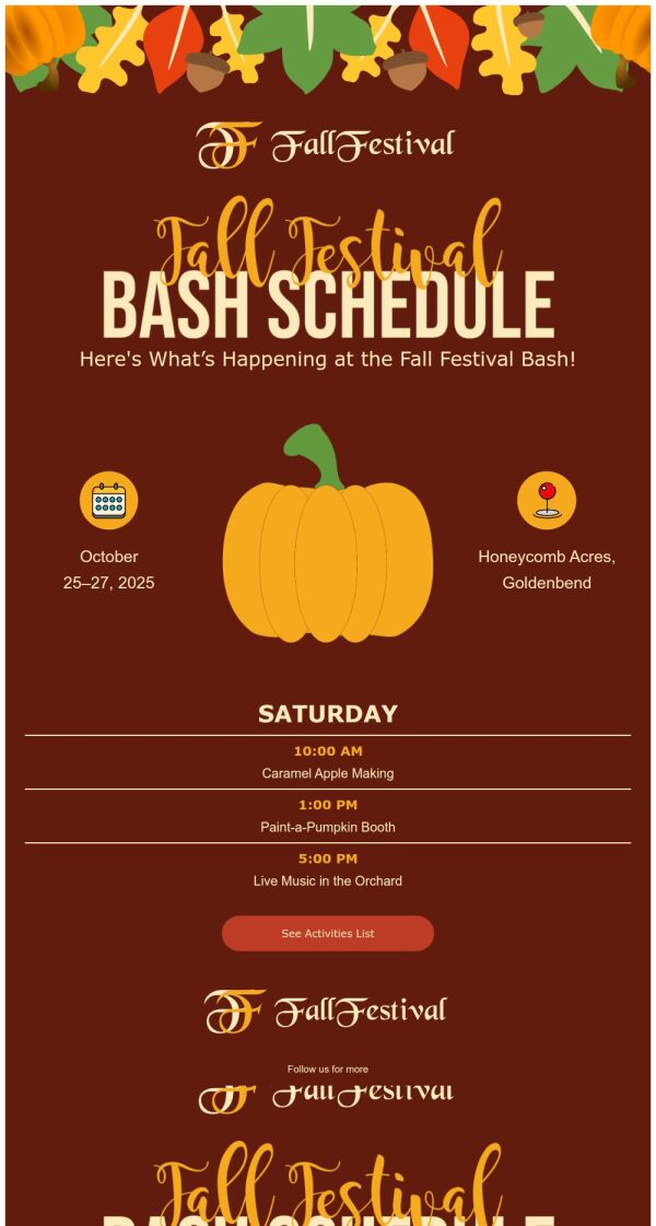 Event Schedule Email Template 'Party Bash' for Fall | PosterMyWall