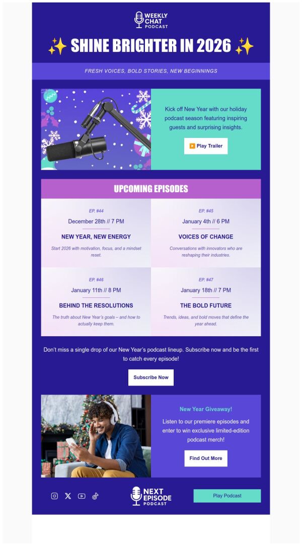 Event Schedule Email Template 'Weekly Podcast' for New Year | PosterMyWall