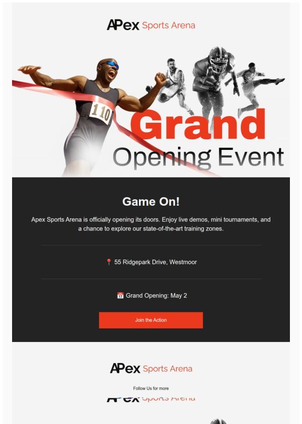 Grand Opening Email Template 'Play Arena' for Sports | PosterMyWall
