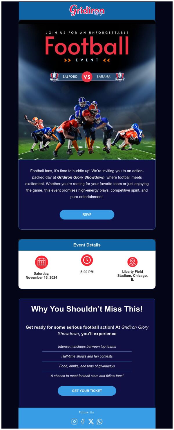 Invitation Email Template 'Football Event' for Sports | PosterMyWall