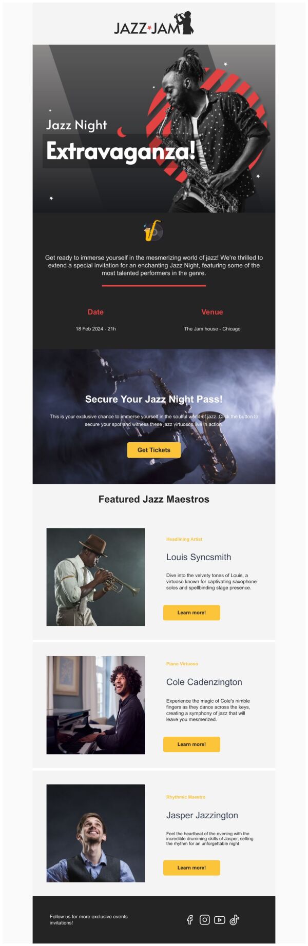 Invitation Email Template 'Jazz Night' for Band | PosterMyWall