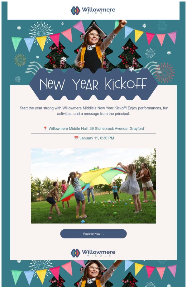 Invitation Email Template 'School Kickoff' for New Year | PosterMyWall