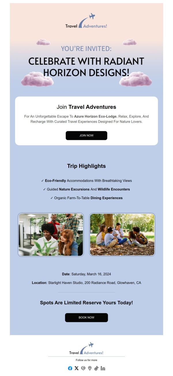 Invitation Email Template 'Unforgettable Escape' for Travel | PosterMyWall
