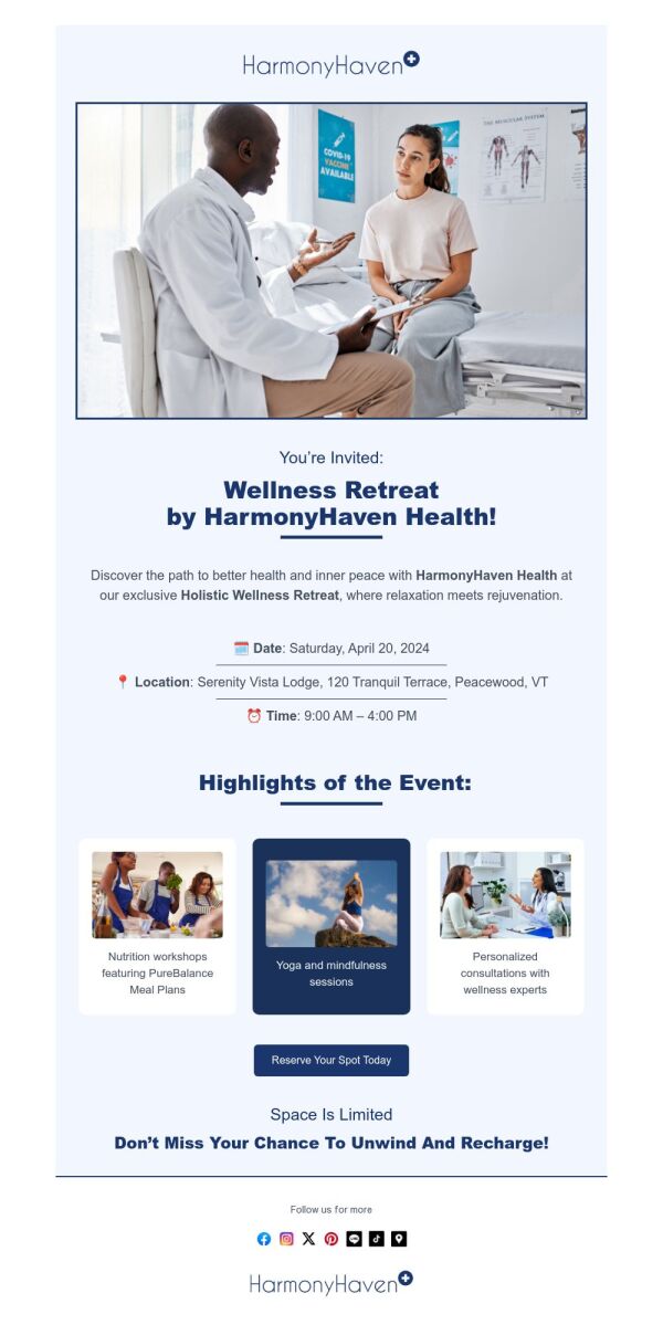 Invitation Email Template 'Wellness Retreat' for Healthcare | PosterMyWall