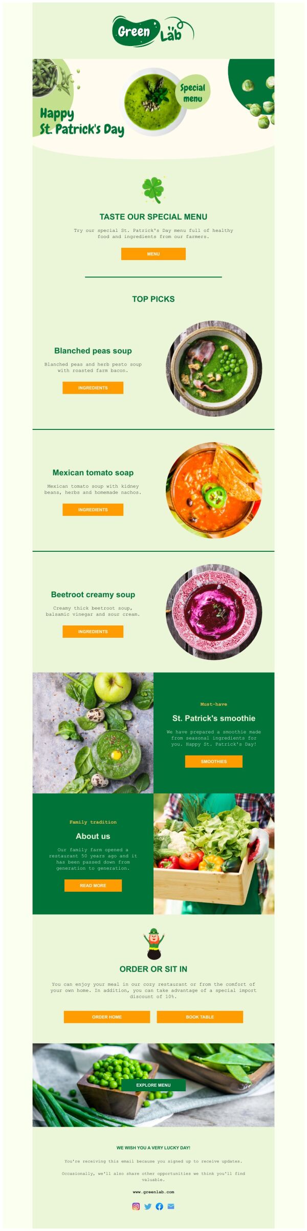 Menu Email Template 'Soups and Smoothies' for St. Patrick's Day ...