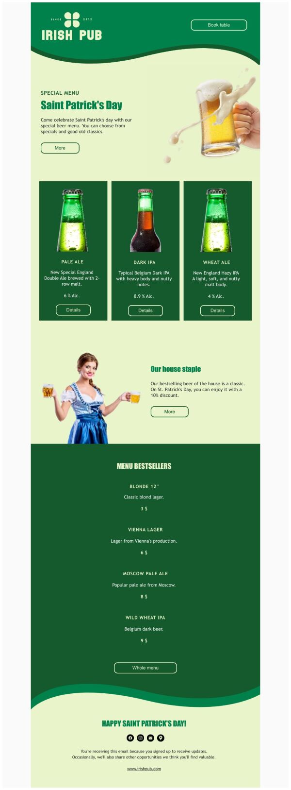Menu Email Template 'Special Beers' for St. Patrick's Day | PosterMyWall