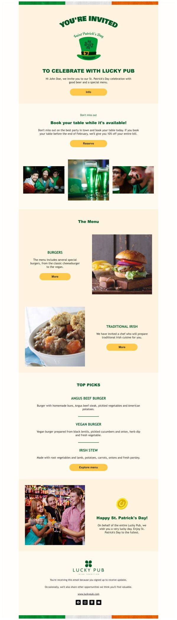 Menu Email Template 'Top Irish Picks' for St. Patrick's Day | PosterMyWall