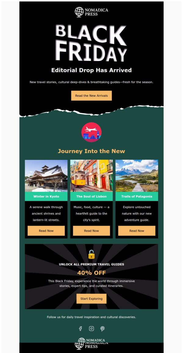 New Arrival Email Template 'Travel Stories' for Black Friday | PosterMyWall