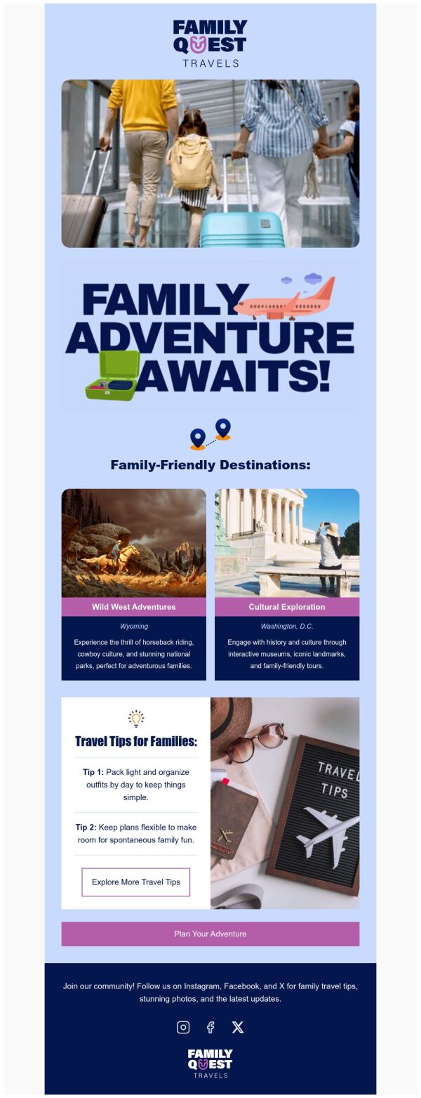 Newsletter Email Template 'Family Adventures' for Travel | PosterMyWall