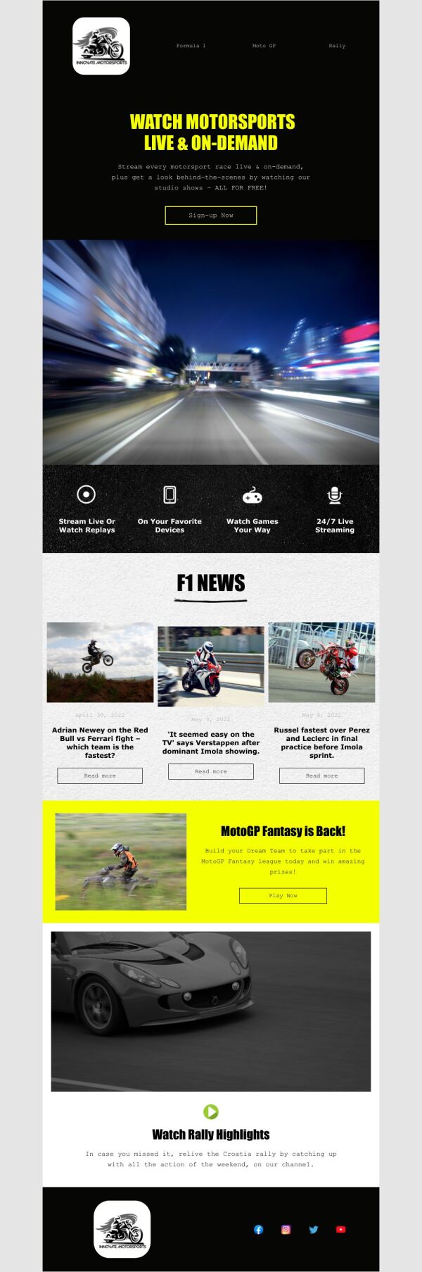 Newsletter Email Template 'Motorsport Streaming' for Sports Industry ...
