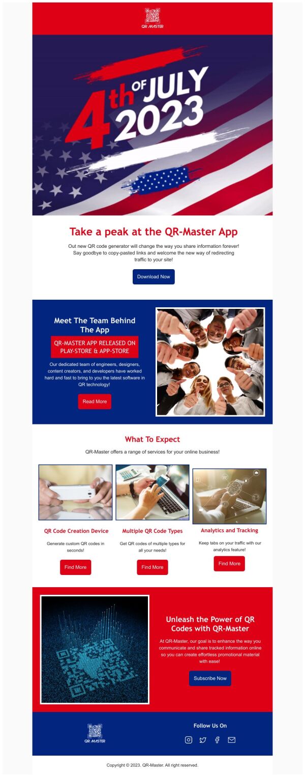 Newsletter Email Template 'QR Master App' for 4th of July | PosterMyWall