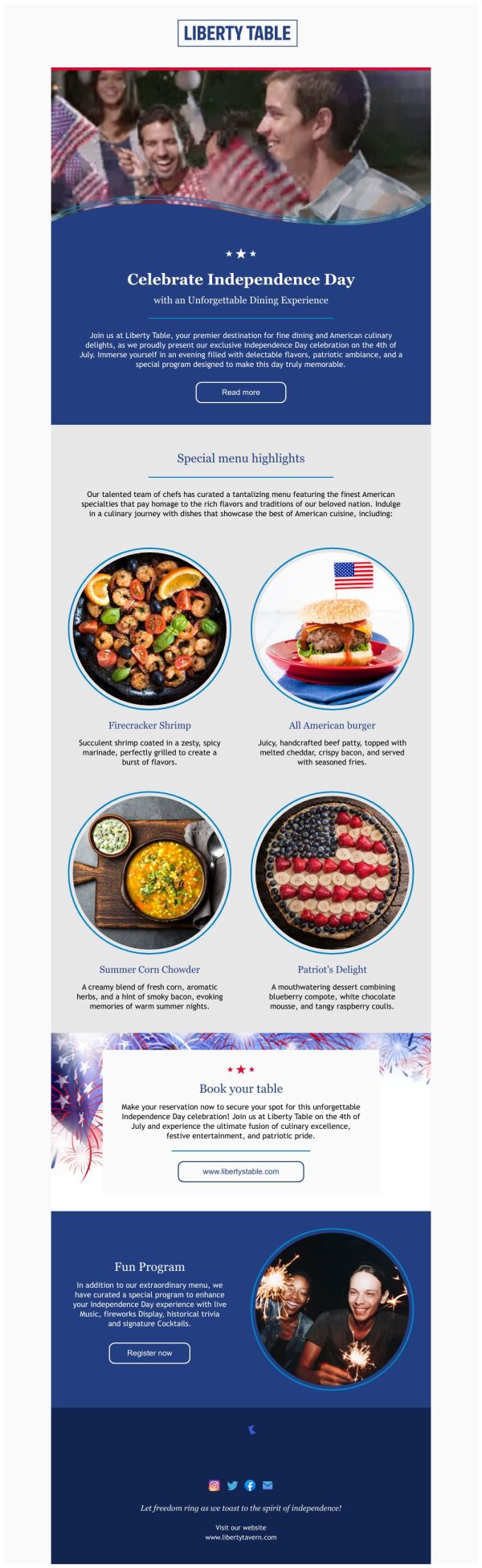 Newsletter Email Template 'Unforgettable Dining Experience' for 4th of ...