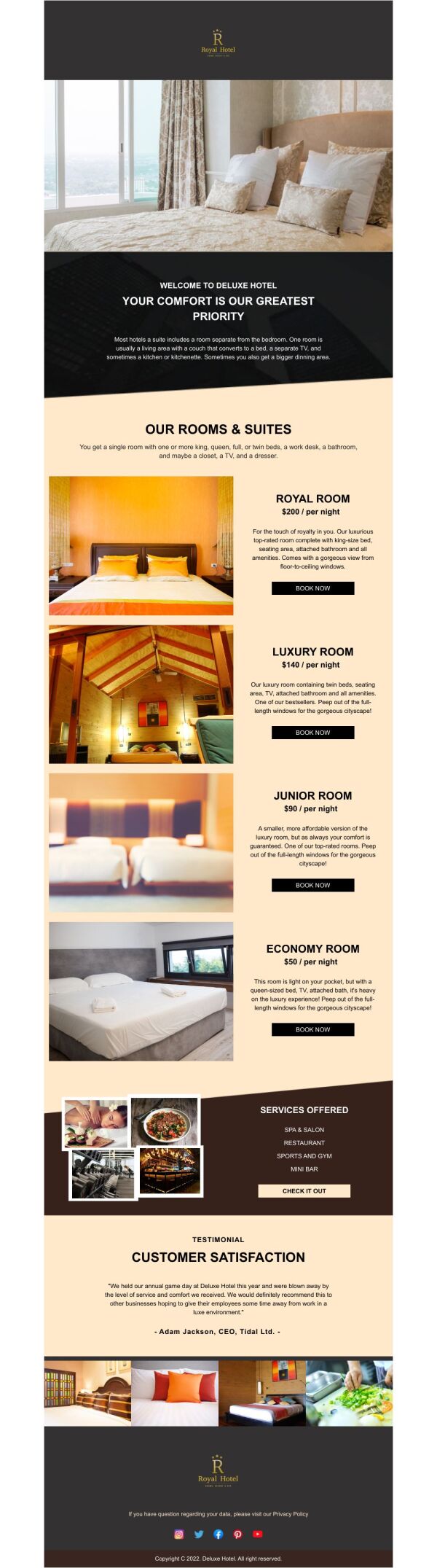 Price List Email Template 'Book Rooms and Suites' for Hotels | PosterMyWall