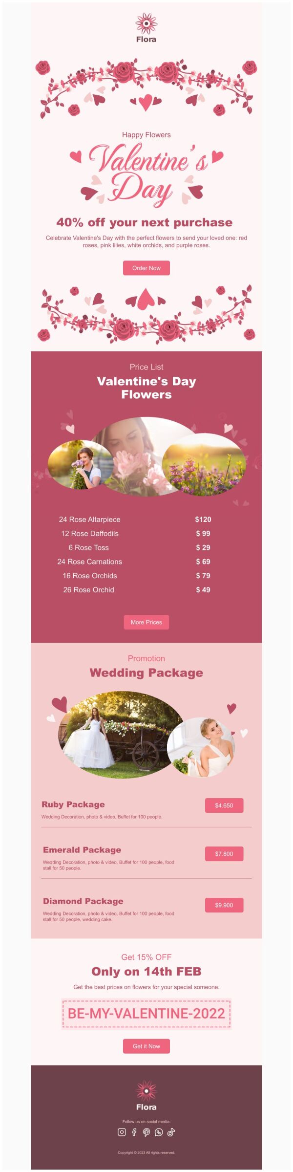 Price List Email Template 'Floral Wedding Packages' for Valentine's Day ...