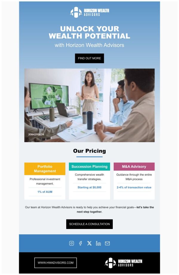 Price List Email Template 'Horizon Wealth' for Corporate | PosterMyWall