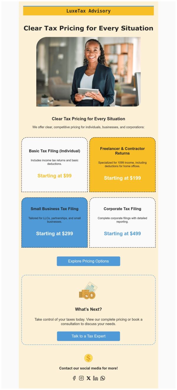 Price List Email Template 'Tax Advisory' for Corporate | PosterMyWall