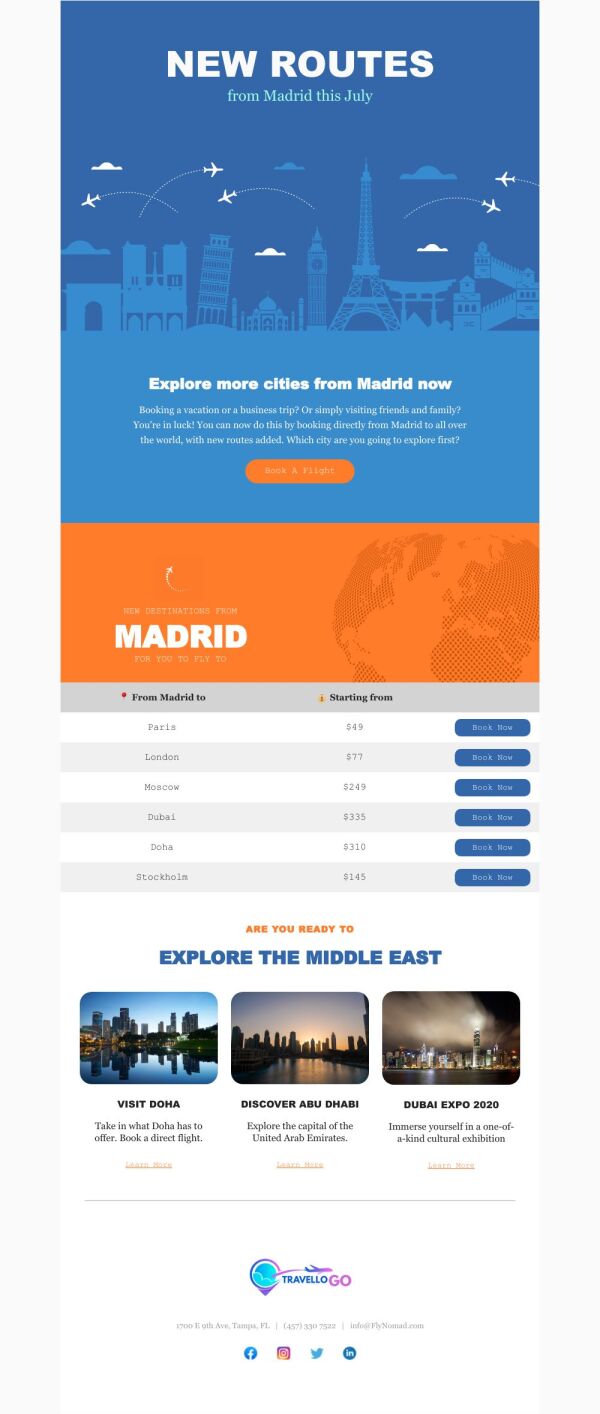 Pricelist Email Template 'New Routes From Madrid' for Travel Agency ...