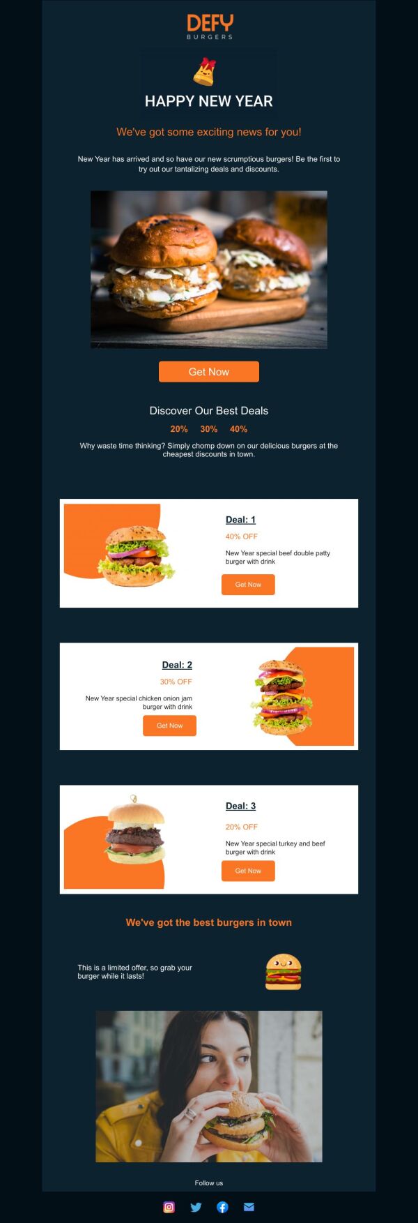 Product Promotion Email Template 'Scrumptious Burger Deals' for New ...