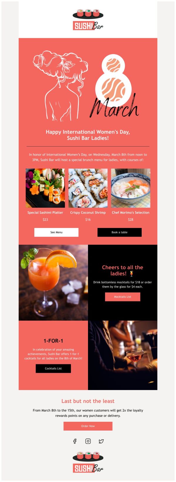 Special Offer Email Template 'Sushi Bar' for Women's Day | PosterMyWall