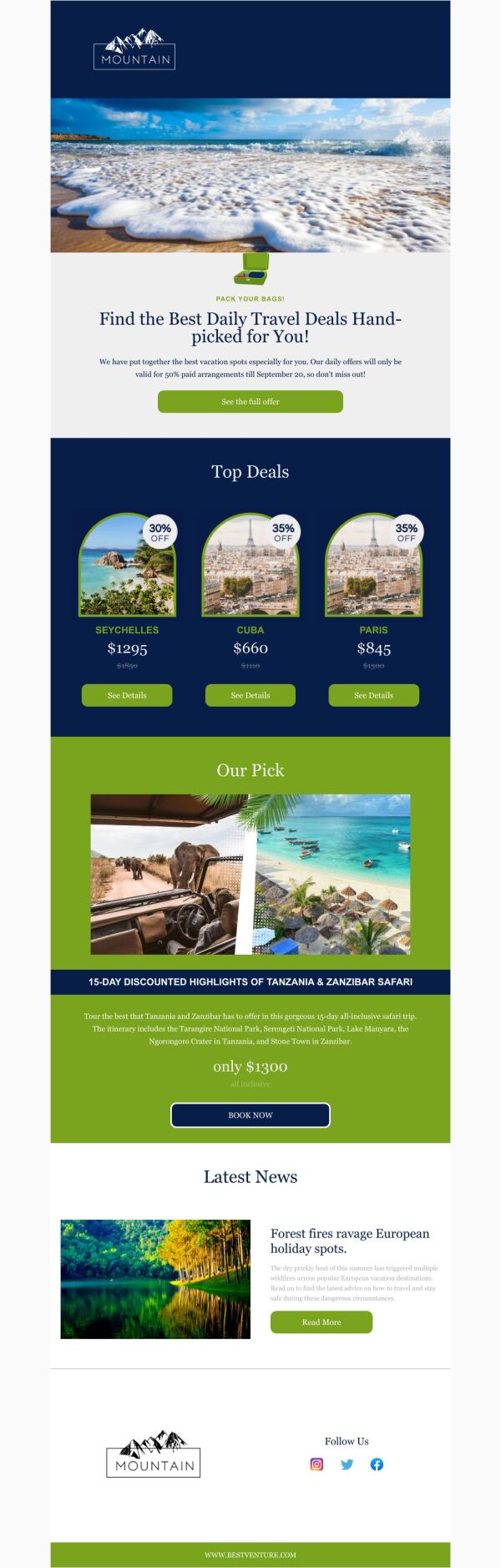 Special Offer Email Template 'Top Vacation Deals' for Travel Industry ...