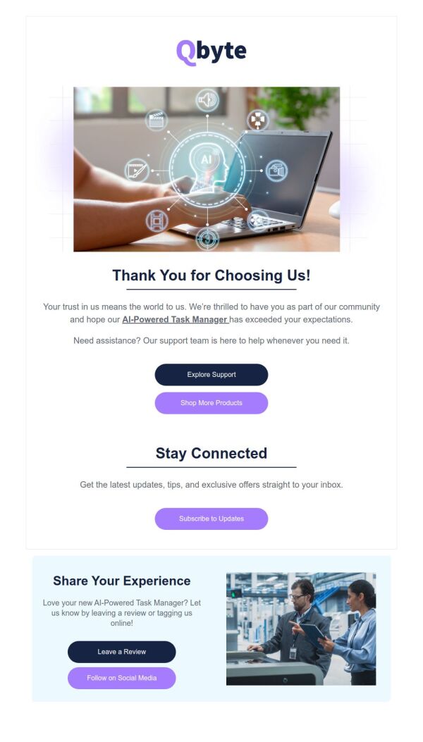 Thank You Email Template 'AI Task Manager' for Technology | PosterMyWall