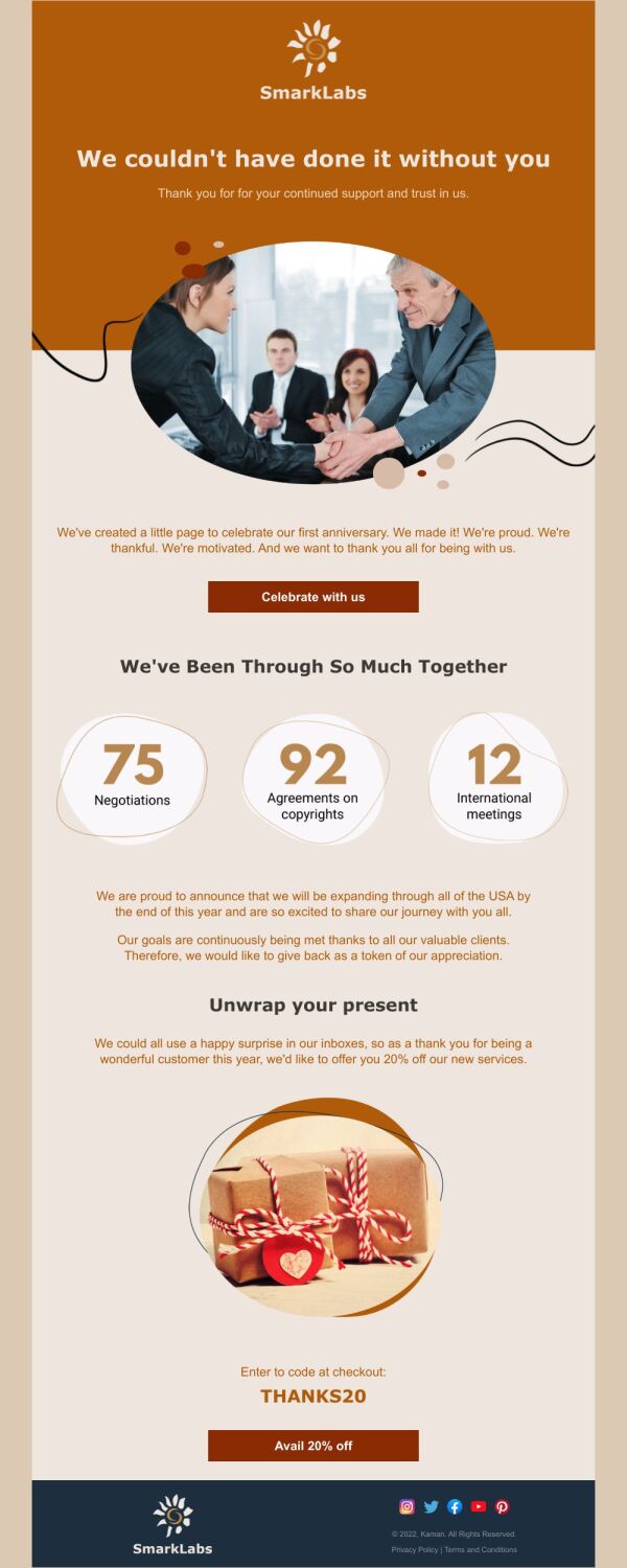 Thank You Email Template 'First Anniversary' for Corporates | PosterMyWall