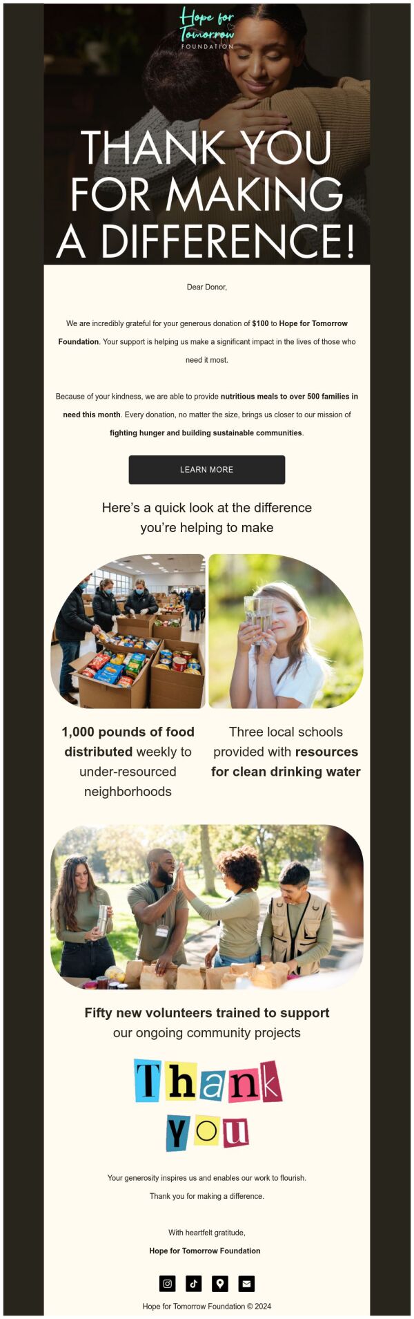 Thank You Email Template 'Hope For Tomorrow' for Charity | PosterMyWall