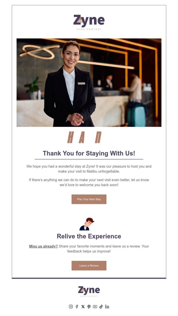 Thank You Email Template 'Unforgettable Visit' for Hotels | PosterMyWall