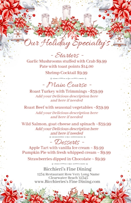 "Poinsettia Holiday Menu" Tabloid Size Template | PosterMyWall