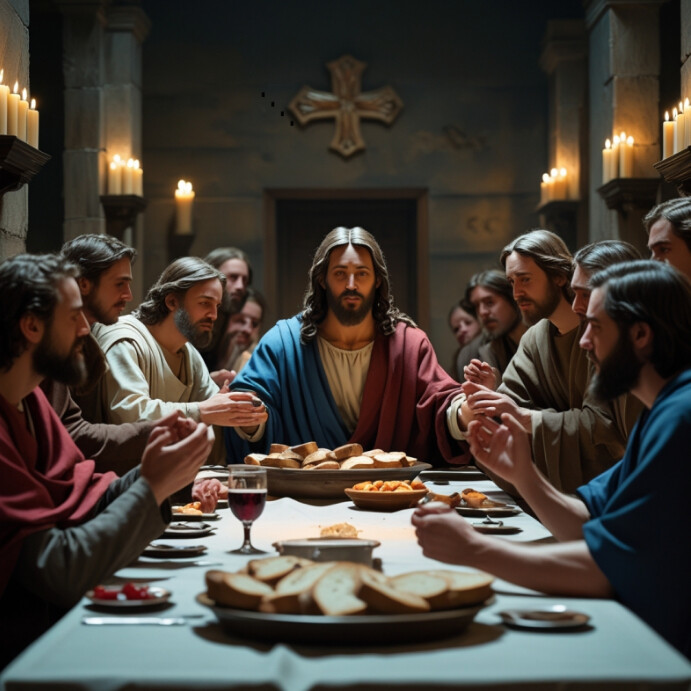 “Depict Jesus and his disciples at the Last Supper in a dimly lit room ...