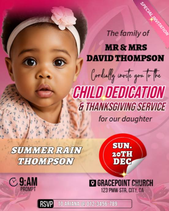 👶 Baby Dedication Invitation | Elegant Pink Church Thanksgiving Flyer ...