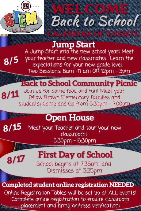 Final Brown Back to School Calendar of Events | PosterMyWall