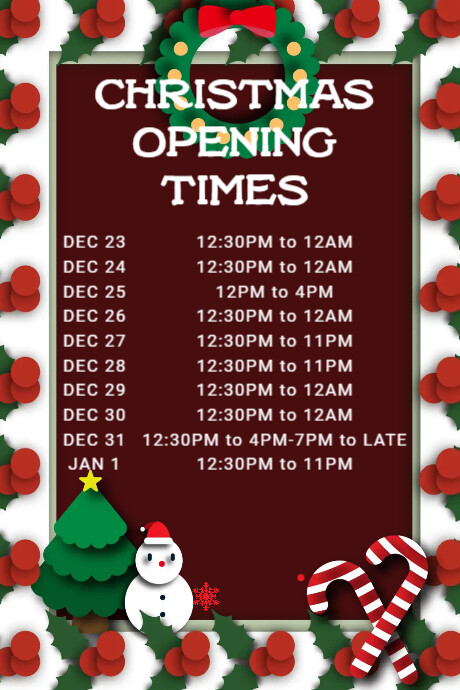 Christmas Opening Hours Poster Template | PosterMyWall