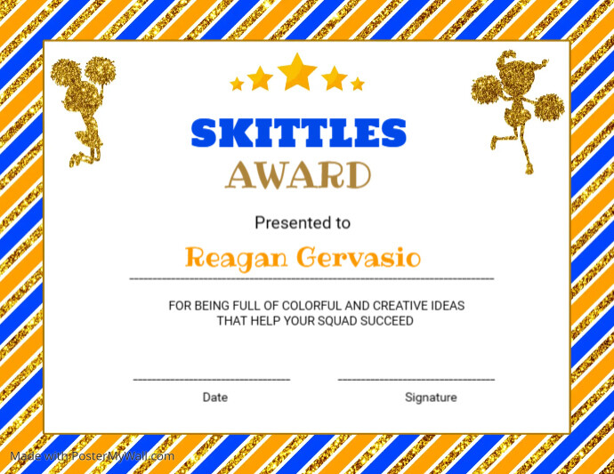 Blue orange and gold cheerleading certificate | PosterMyWall