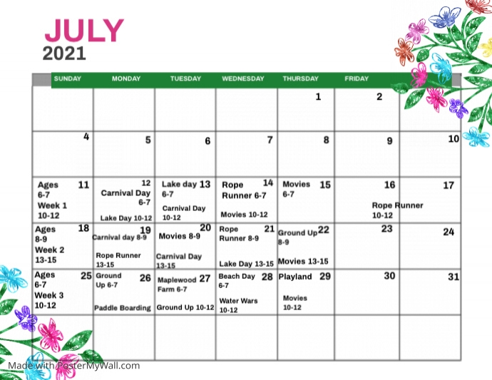 Copy of July 2021 Monthly Events Calendar Template | PosterMyWall